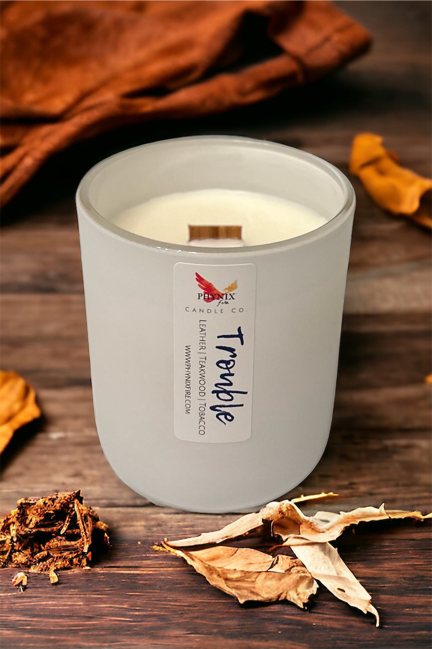 Trouble - 12 oz Candle - Leather | Teakwood | Tobacco - Phynix Fire ...